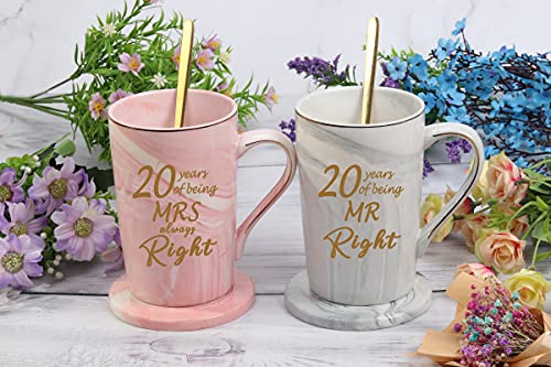 Toshiy 20th Wedding Anniversary Mugs 20 years Anniversary Mugs 20th Wedding Anniversary Mugs for Wife Him Couple Husband Parents 20 Years Mr Right Mrs Always Right Coffee Mugs 14 Ounce Gift Box Set