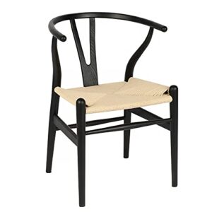 VODUR Wishbone Chair Natural Solid Wood Dining Chair/Hans Vegner Y Chair Rattan and Wood Accent Armrest Chair (Ash Wood - Black + Natural Cord)