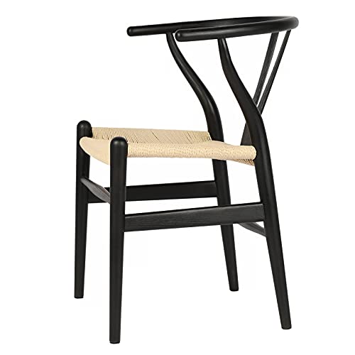 VODUR Wishbone Chair Natural Solid Wood Dining Chair/Hans Vegner Y Chair Rattan and Wood Accent Armrest Chair (Ash Wood - Black + Natural Cord)