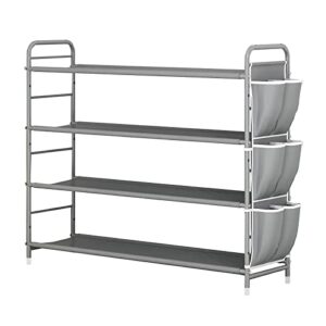 suoernuo shoe rack storage organizer 4 tier free standing metal shoe shelf compact shoe organizer with side bag for entryway closet bedroom, grey