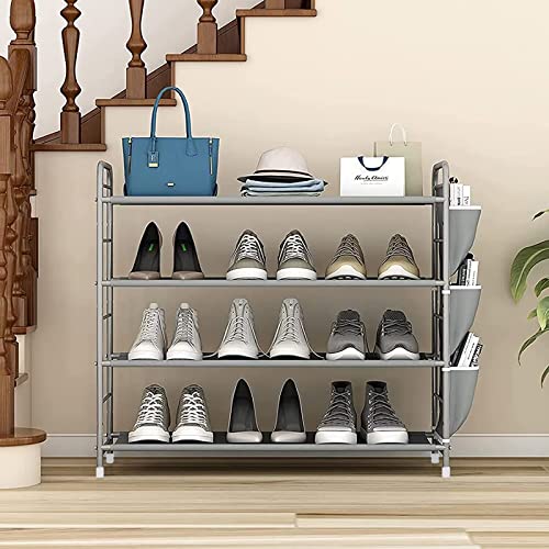 SUOERNUO Shoe Rack Storage Organizer 4 Tier Free Standing Metal Shoe Shelf Compact Shoe Organizer with Side Bag for Entryway Closet Bedroom, Grey