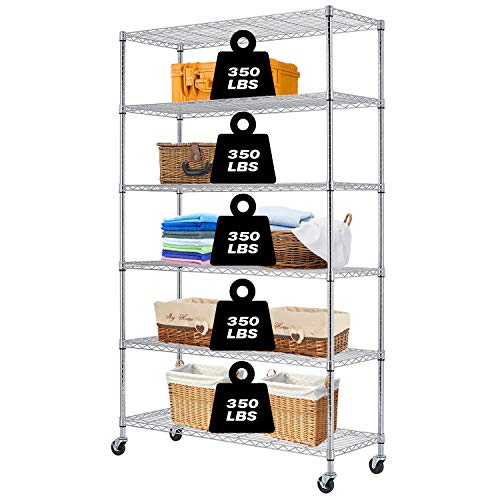 HCB 6-Tier Storage Shelf Heavy Duty Wire Shelving Unit 82"x48"x18" Height Adjustable Metal Steel Wire with Casters For Restaurant Garage Pantry Kitchen Rack (Chrome)