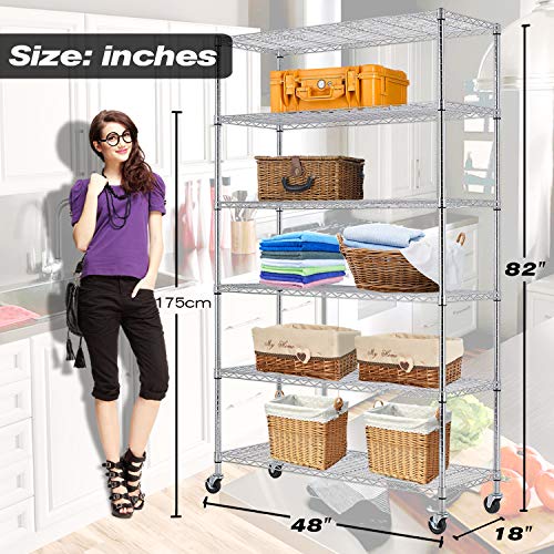 HCB 6-Tier Storage Shelf Heavy Duty Wire Shelving Unit 82"x48"x18" Height Adjustable Metal Steel Wire with Casters For Restaurant Garage Pantry Kitchen Rack (Chrome)