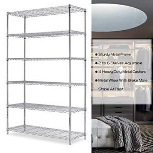 HCB 6-Tier Storage Shelf Heavy Duty Wire Shelving Unit 82"x48"x18" Height Adjustable Metal Steel Wire with Casters For Restaurant Garage Pantry Kitchen Rack (Chrome)