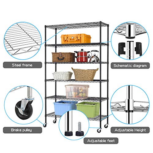 HCB 6-Tier Storage Shelf Heavy Duty Wire Shelving Unit 82"x48"x18" Height Adjustable Metal Steel Wire with Casters For Restaurant Garage Pantry Kitchen Rack (Chrome)