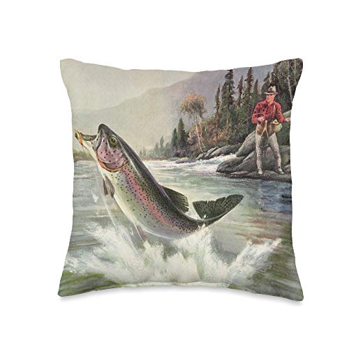 YesterdayCafe Retro Kitsch Collection Fisherman Fly Rainbow Trout Fish in a River Throw Pillow, 16x16, Multicolor