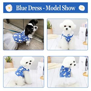 APIOF Dog Dress Harness for Small Medium Dogs Girl Cute Blue Daisy White Sheer Tutu Princess Birthday Party Dresses Pet Clothes Outfits Apparel