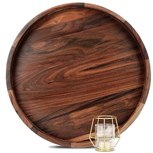 MAGIGO 18 Inches Extra Large Round Black Walnut Wood Ottoman Tray with Handles, Serve Tea, Coffee or Breakfast in Bed, Classic Circular Wooden Decorative Serving Tray