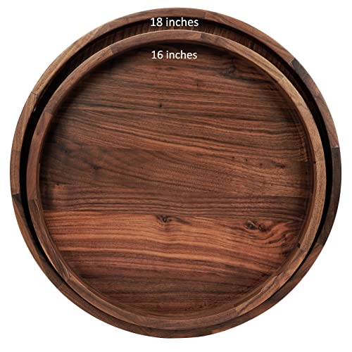 MAGIGO 18 Inches Extra Large Round Black Walnut Wood Ottoman Tray with Handles, Serve Tea, Coffee or Breakfast in Bed, Classic Circular Wooden Decorative Serving Tray