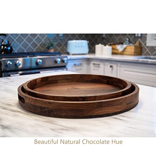 MAGIGO 18 Inches Extra Large Round Black Walnut Wood Ottoman Tray with Handles, Serve Tea, Coffee or Breakfast in Bed, Classic Circular Wooden Decorative Serving Tray