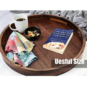 MAGIGO 18 Inches Extra Large Round Black Walnut Wood Ottoman Tray with Handles, Serve Tea, Coffee or Breakfast in Bed, Classic Circular Wooden Decorative Serving Tray