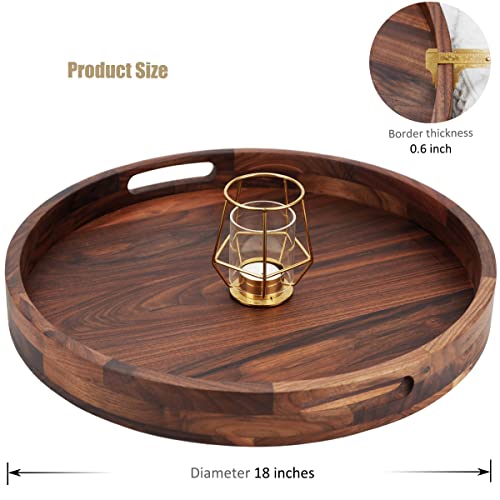 MAGIGO 18 Inches Extra Large Round Black Walnut Wood Ottoman Tray with Handles, Serve Tea, Coffee or Breakfast in Bed, Classic Circular Wooden Decorative Serving Tray