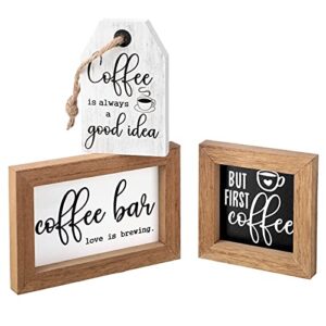 3 pieces mini coffee bar sign farmhouse coffee wooden sign but first coffee wood sign chocolate framed sign rustic wood coffee table sign vintage kitchen wood plaque for tier tray decor (coffee)