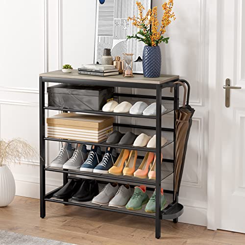 Shoe Rack, SimpleWise 5-Tier Metal Shoe Rack Industrial Shoe Storage Organizer Shelf with Umbrella Holder,Entryway Table for Hallway Living Room, Closet, Bedroom, Wash Grey