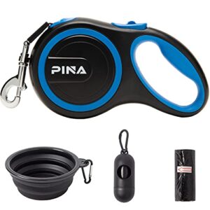 pina retractable dog leash, 26ft dog leash for small medium large dogs up to 110lbs, 360° tangle-free strong reflective nylon tape, with anti-slip handle, one-handed brake, pause, lock - black blue