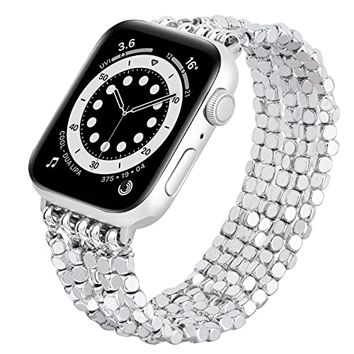 MOFREE Bracelet Compatible for Series 6 Apple Watch Band 40mm/38mm/41mm Series 7 SE 5 Women Fashion Handmade Elastic Stretch Beads Strap for iWatch Series 4/3/2/1 38mm/40mm Replacement Silver