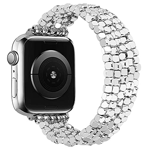 MOFREE Bracelet Compatible for Series 6 Apple Watch Band 40mm/38mm/41mm Series 7 SE 5 Women Fashion Handmade Elastic Stretch Beads Strap for iWatch Series 4/3/2/1 38mm/40mm Replacement Silver