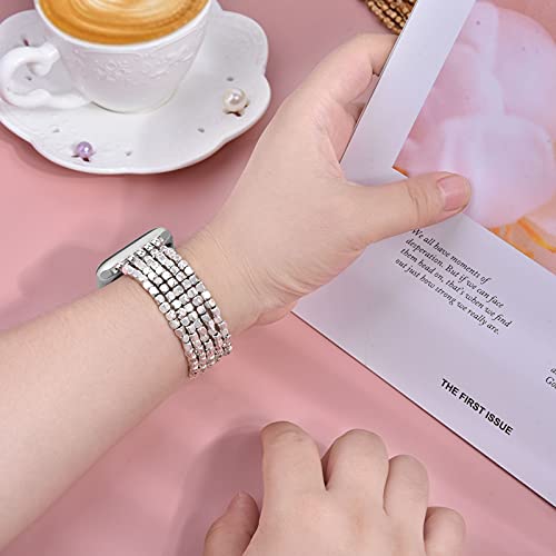 MOFREE Bracelet Compatible for Series 6 Apple Watch Band 40mm/38mm/41mm Series 7 SE 5 Women Fashion Handmade Elastic Stretch Beads Strap for iWatch Series 4/3/2/1 38mm/40mm Replacement Silver