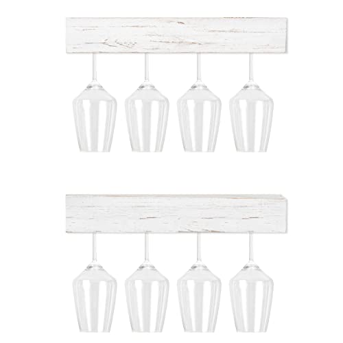 Ilyapa 2 Pack Rustic Shelf with Wine Glass Storage - Wall Mounted Wooden Wine Rack - White, Storage for 8 Glasses