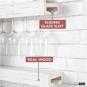 Ilyapa 2 Pack Rustic Shelf with Wine Glass Storage - Wall Mounted Wooden Wine Rack - White, Storage for 8 Glasses