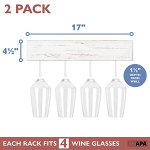 Ilyapa 2 Pack Rustic Shelf with Wine Glass Storage - Wall Mounted Wooden Wine Rack - White, Storage for 8 Glasses