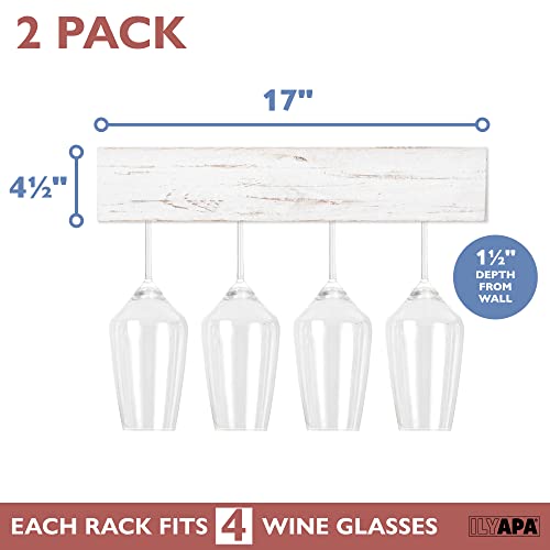 Ilyapa 2 Pack Rustic Shelf with Wine Glass Storage - Wall Mounted Wooden Wine Rack - White, Storage for 8 Glasses