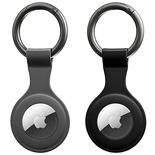 2 Pack AirTag Case, Shock Resistant Silicone Protective Case Cover for AirTag Key Finder Phone Finder with Keychain Carabiner (Grey and Black)