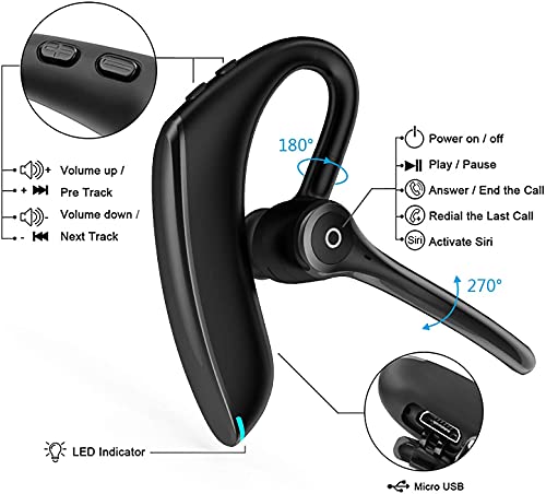 Bluetooth Headset, Wireless Bluetooth Earpiece V5.0 Hands-Free Earphones with Stereo Noise Canceling Mic, Compatible iPhone Android Cell Phones Driving/Business/Office