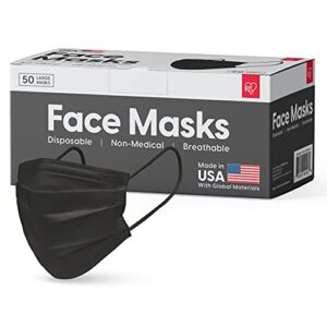 iris usa made in usa disposable face masks, 50 piece, premium 3ply masks, breathable, comfortable, soft stretchable earloops, soft on skin, 3 layer construction for high protection, black