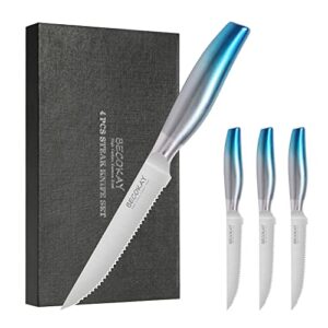 becokay steak knives set of 4, high carbon german stainless steel serrated steak knives, ultra sharp steak knife, elegant blue kitchen knife with ergonomic handle gift box for mom girlfriend outdoor