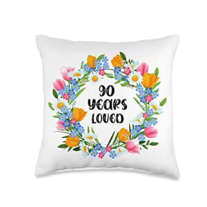 ninety years old women men birthday gift apparel floral design 90 years old grandpa grandma 90th birthday throw pillow, 16x16, multicolor