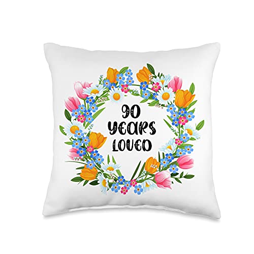 Ninety Years Old Women Men Birthday Gift Apparel Floral Design 90 Years Old Grandpa Grandma 90th Birthday Throw Pillow, 16x16, Multicolor