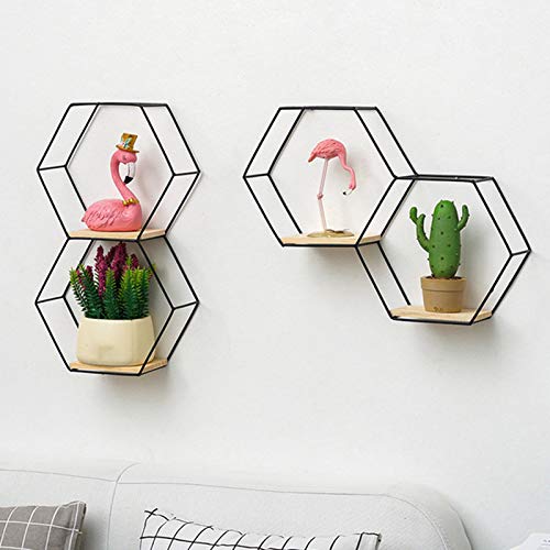 Goodilest Hexagon Floating Wood Book Shelves, Iron Storage Holder Wall-Mounted Multifunctional Nordic Style Geometric Firm Hexagonal Shelf for Home Bedroom Bathroom Golden M