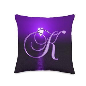 401merch monograms k purple heart beach ocean lake sun moon initial letter name throw pillow, 16x16, multicolor