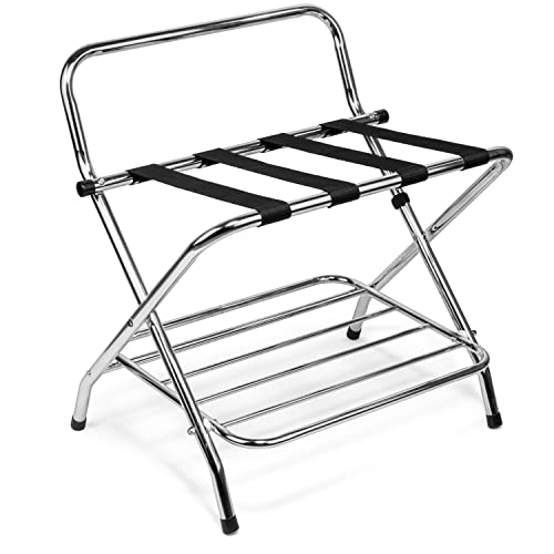 USTECH 2 Tier X-Shape Folding Luggage Rack with High Back | Durable Metal Stand & Heavy-Duty Nylon Straps for Guest Room Storage & Suitcase Holder | Perfect for Bedroom & Closet