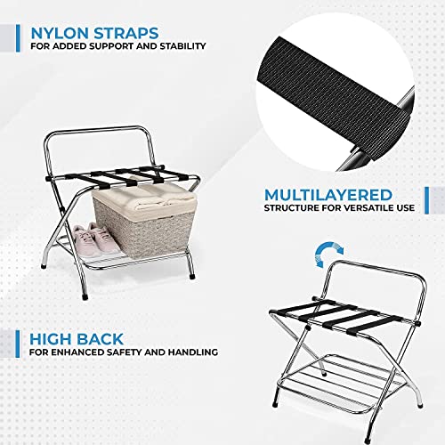 USTECH 2 Tier X-Shape Folding Luggage Rack with High Back | Durable Metal Stand & Heavy-Duty Nylon Straps for Guest Room Storage & Suitcase Holder | Perfect for Bedroom & Closet