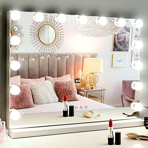 M MIVONDA Hollywood Vanity Mirror with Dimmable 15LED Bulbs Lights 3 Lighting Modes 2in1 Large Lighted Makeup Mirror for Desk and Wall with Plug-in and USB Charger Port and 10X Magnification