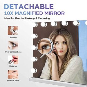 M MIVONDA Hollywood Vanity Mirror with Dimmable 15LED Bulbs Lights 3 Lighting Modes 2in1 Large Lighted Makeup Mirror for Desk and Wall with Plug-in and USB Charger Port and 10X Magnification