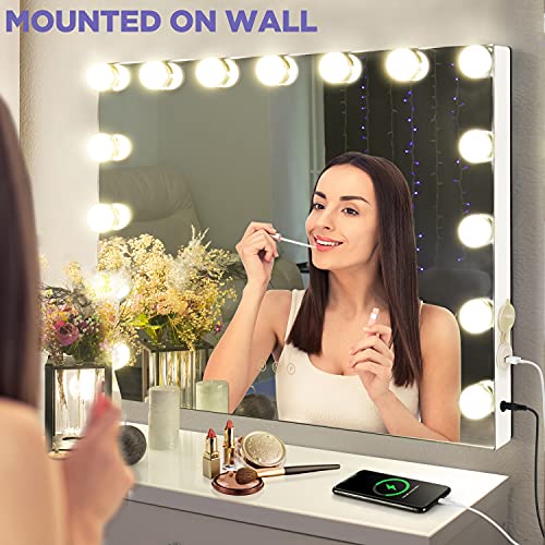 M MIVONDA Hollywood Vanity Mirror with Dimmable 15LED Bulbs Lights 3 Lighting Modes 2in1 Large Lighted Makeup Mirror for Desk and Wall with Plug-in and USB Charger Port and 10X Magnification