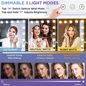 M MIVONDA Hollywood Vanity Mirror with Dimmable 15LED Bulbs Lights 3 Lighting Modes 2in1 Large Lighted Makeup Mirror for Desk and Wall with Plug-in and USB Charger Port and 10X Magnification