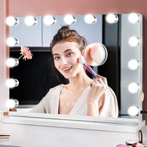 M MIVONDA Hollywood Vanity Mirror with Dimmable 15LED Bulbs Lights 3 Lighting Modes 2in1 Large Lighted Makeup Mirror for Desk and Wall with Plug-in and USB Charger Port and 10X Magnification