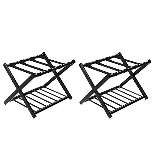 WELLFOR Set of 2 Luggage Rack with Shelf, Folding Metal Luggage Holder Suitcase Rack for Guest Room, Bedroom, Hotel (Black)