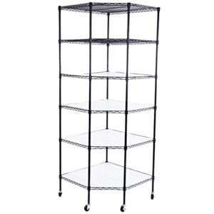 lapday 6 tiers corner shelf, adjustable metal free standing wire shelving unit corner storage rack with wheels for living room, bathroom, kitchen, 27" l x 27" w x 71" h (black)