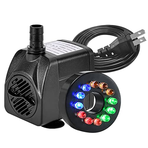 15W 264GPH Submersible Fountain Pump with 12 Colorful LED Lights for Outdoor Pond, Aquarium fish tanks, Water Feature, Statuary Gardens and Hydroponic