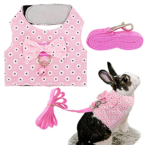 Falltail Adjustable Bunny Harness Leash Rabbit Leash Harness with Bell, Bunnie Vest Harness for Rabbit Ferret Guinea Pig Walking, Pink-Flower, Medium (Pack of 1)