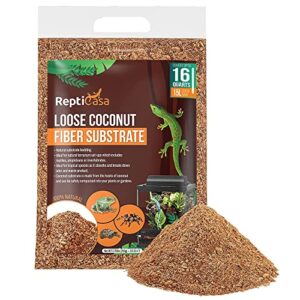 repticasa loose coconut substrate husk fibers, 16 quarts bag, clean natural terrarium bedding for reptiles, amphibians, or invertebrates, waste, liquid and odor absorbent