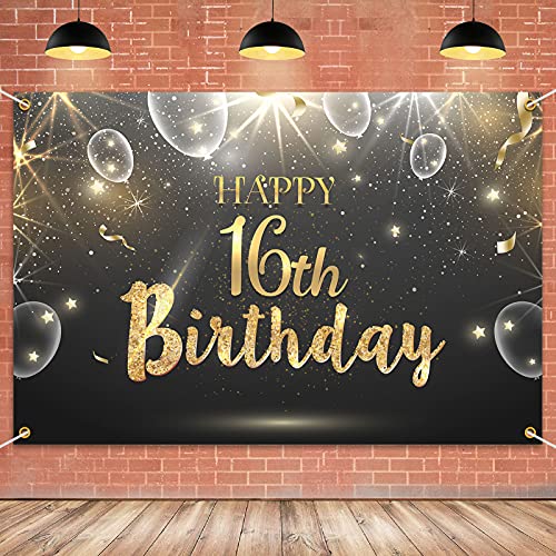 HAMIGAR 6x4ft Happy 16th Birthday Giltter Shinning Banner Backdrop - 16 Years Old Birthday Decorations Party Supplies for Girls Boys - Black Gold