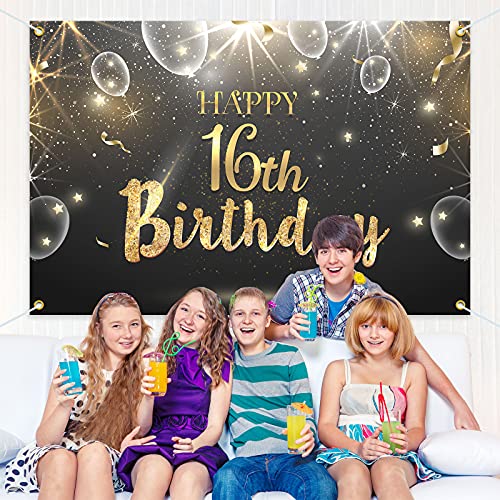 HAMIGAR 6x4ft Happy 16th Birthday Giltter Shinning Banner Backdrop - 16 Years Old Birthday Decorations Party Supplies for Girls Boys - Black Gold