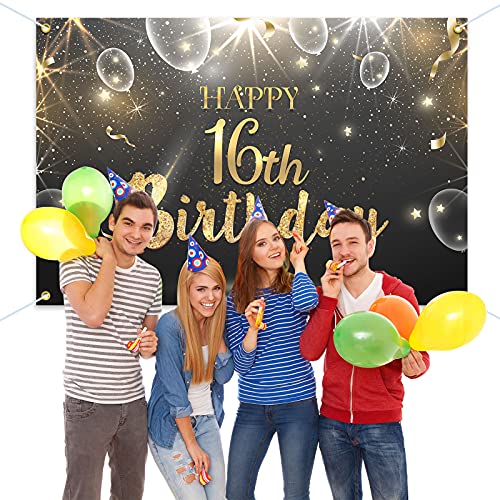 HAMIGAR 6x4ft Happy 16th Birthday Giltter Shinning Banner Backdrop - 16 Years Old Birthday Decorations Party Supplies for Girls Boys - Black Gold