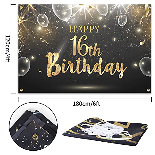 HAMIGAR 6x4ft Happy 16th Birthday Giltter Shinning Banner Backdrop - 16 Years Old Birthday Decorations Party Supplies for Girls Boys - Black Gold